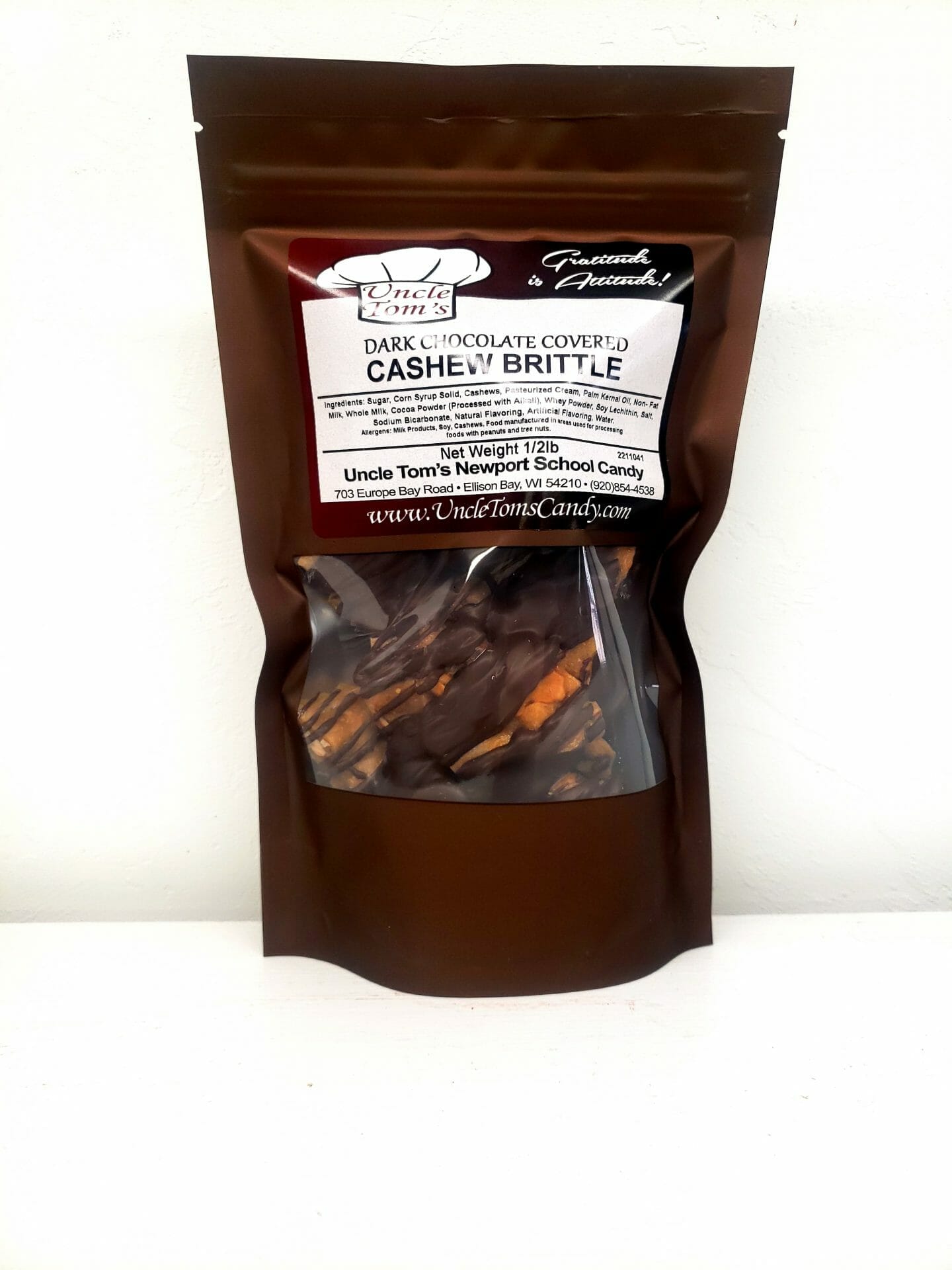 Dark Chocolate Covered Cashew Brittle 1/2 lbs - Uncle Tom's Candy